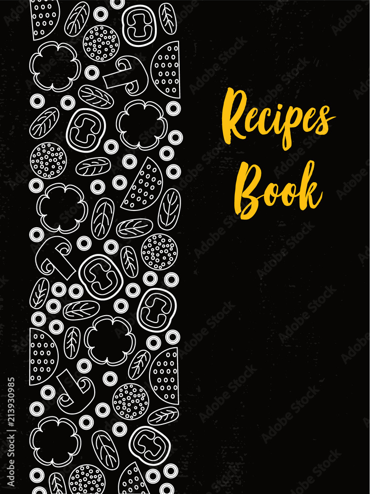 Recipes book cover typography poster template, text and food symbols ...