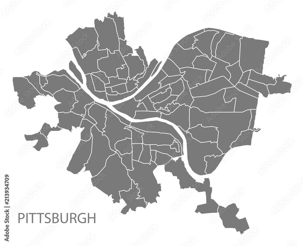 Pittsburgh Pennsylvania city map with neighborhoods grey illustration ...