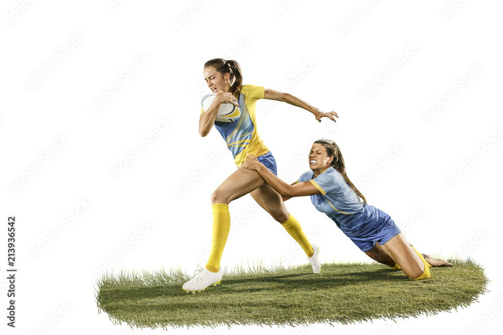 The young female rugby players isolated on white backround Stock Photo ...