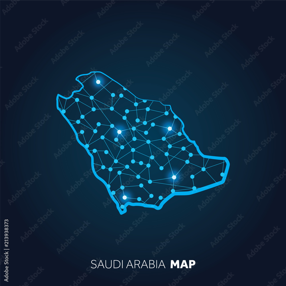 Map of Saudi Arabia made with connected lines and glowing dots. Stock ...
