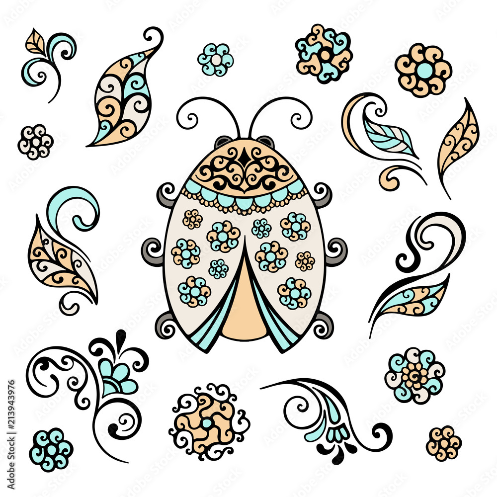 Ladybug decorative lace. A flower, a leaf, swirls, design elements set ...