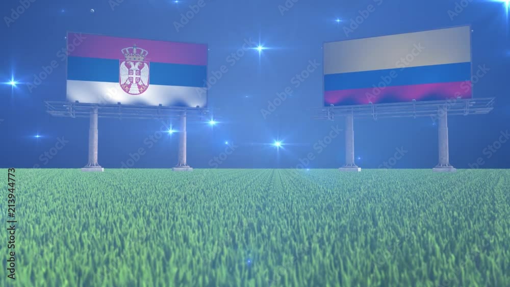 3d animated soccer ball bouncing in front of billboards with the flags ...