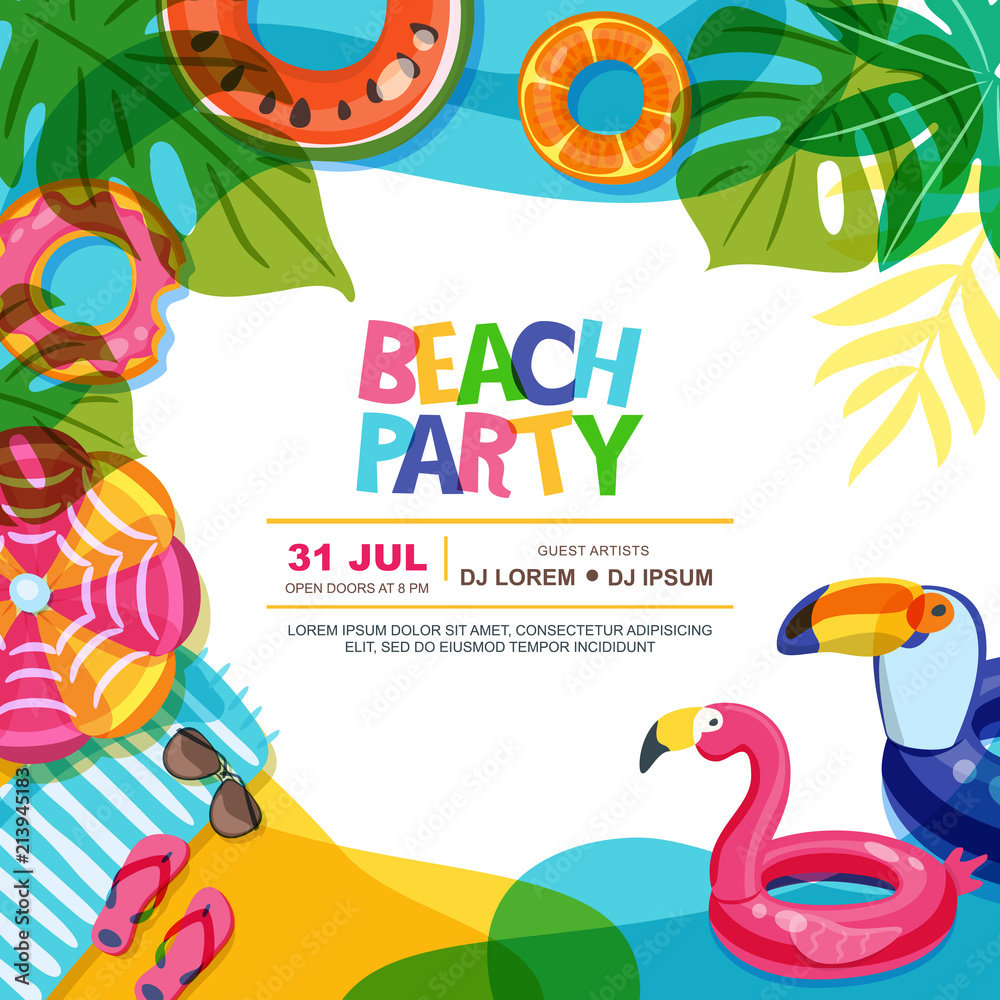 Beach party vector summer poster design template. Swimming pool with ...