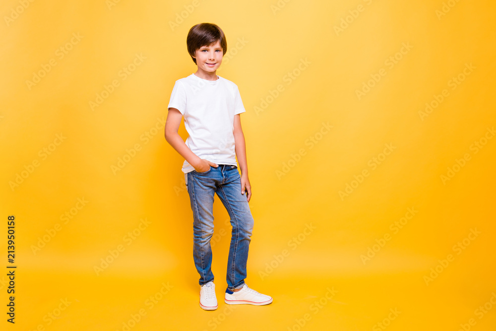 Full height portrait of attractive young cheerful school boy, smiling ...