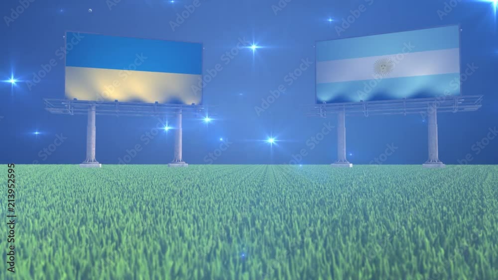 3d animated soccer ball bouncing in front of billboards with the flags ...