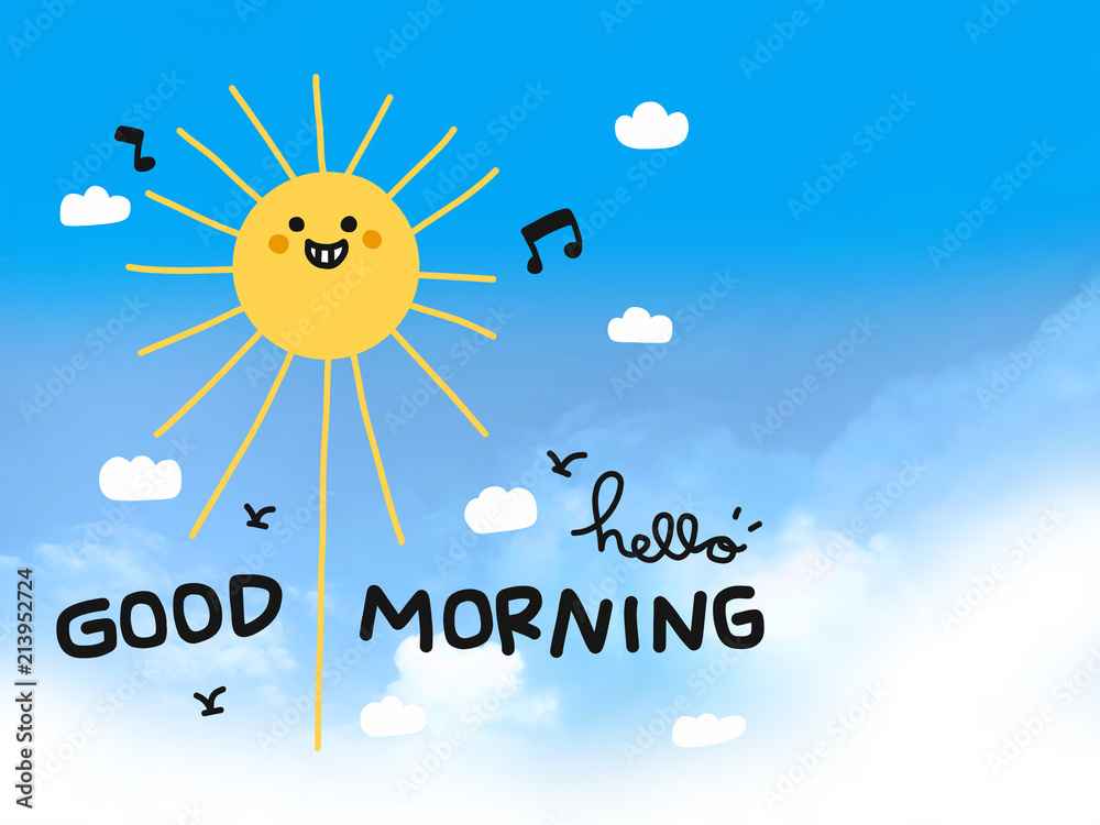 Hello good morning happy sun smile cartoon doodle on blue sky ...