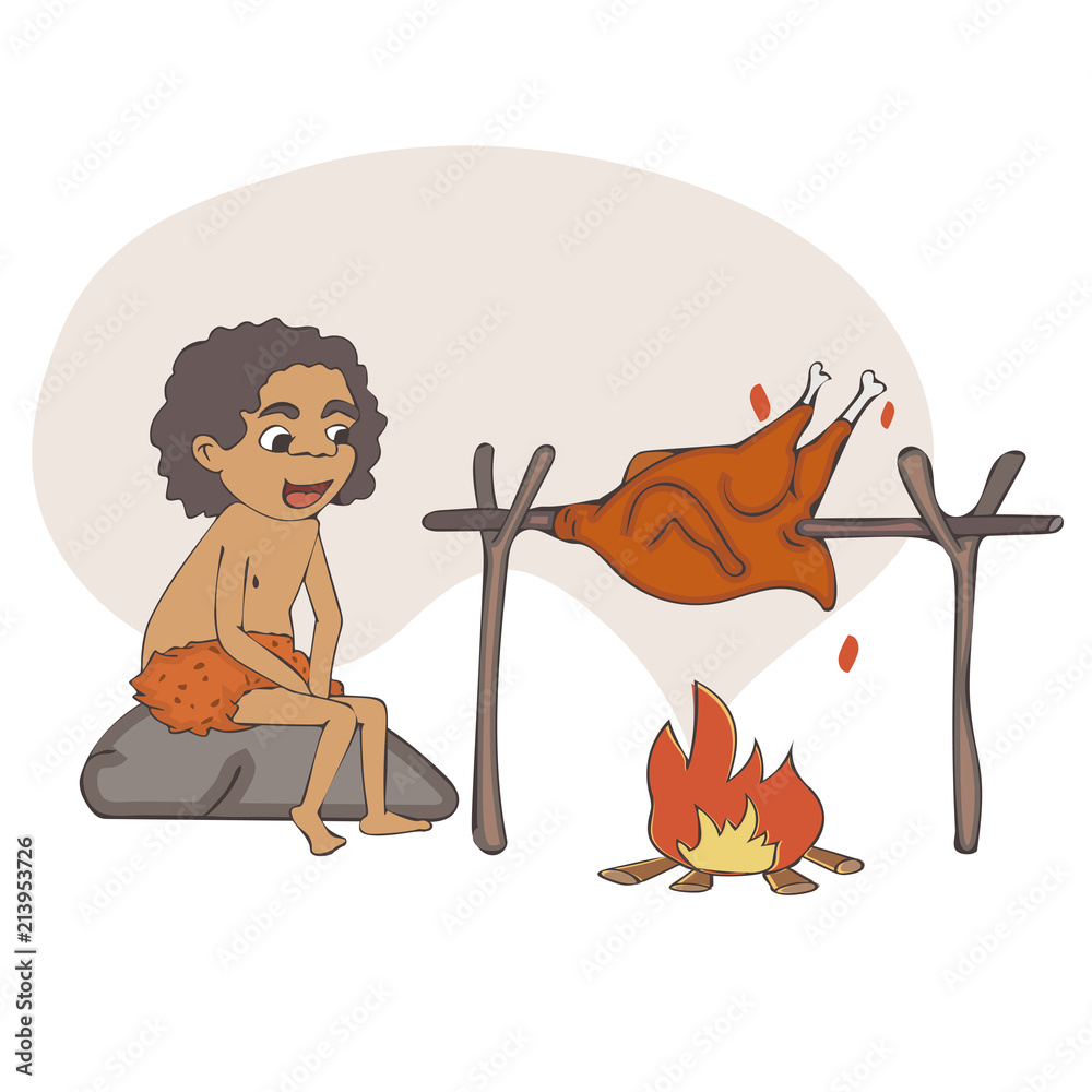 cartoon cave boy watching roasting prey Stock Vector | Adobe Stock
