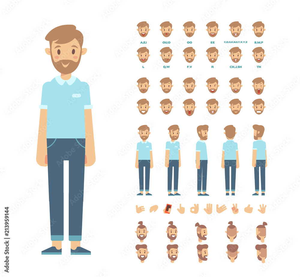 Front, side, back view animated character,separate parts of body. Young man constructor with ...