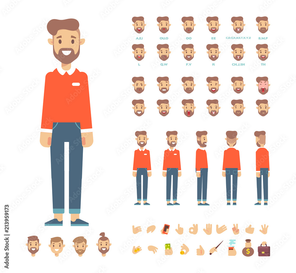 Front, side, back view animated character,separate parts of body. Young ...