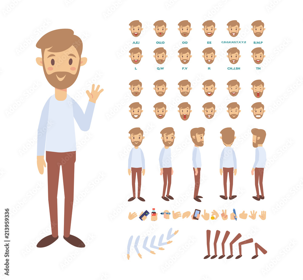 Front, side, back view animated character,separate parts of body. Young ...
