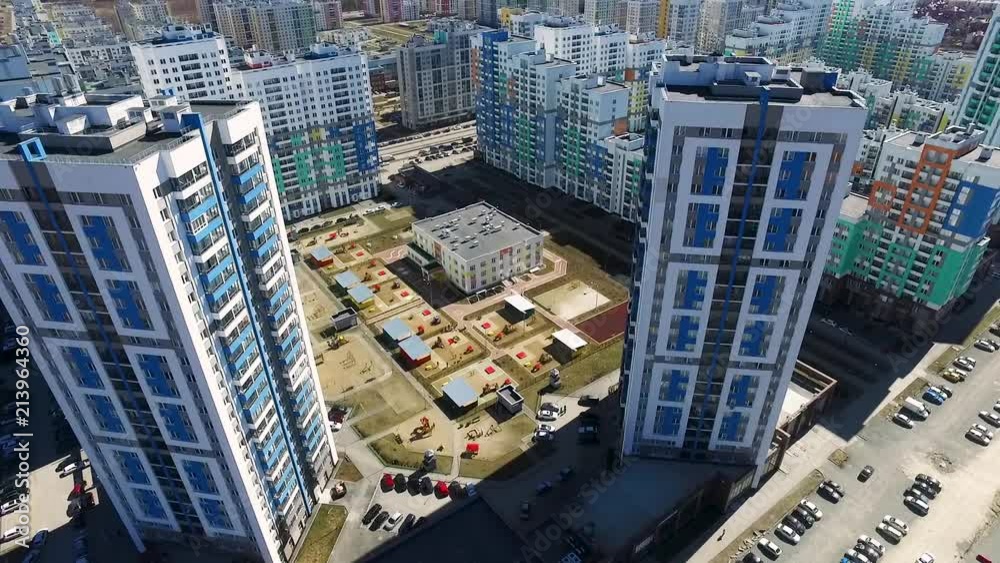 Exterior day time establishing shot of generic urban city brick ...