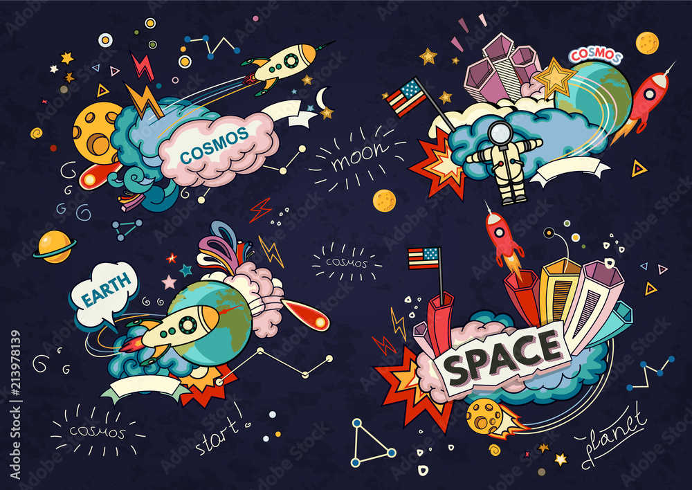 Cartoon vector illustration of space. Moon, planet, rocket, earth ...