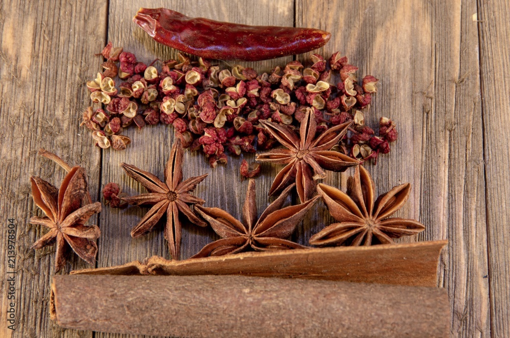Collection of dried spices commonly used in Chinese Sichuan and Korean ...