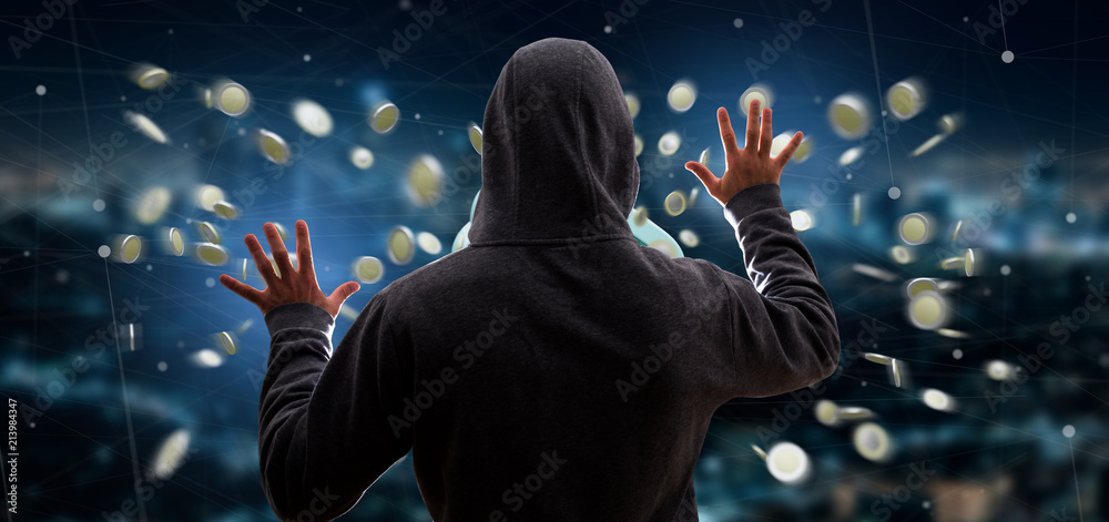 Hacker Man holding a House moneybox with coin surrounding all over 3d ...