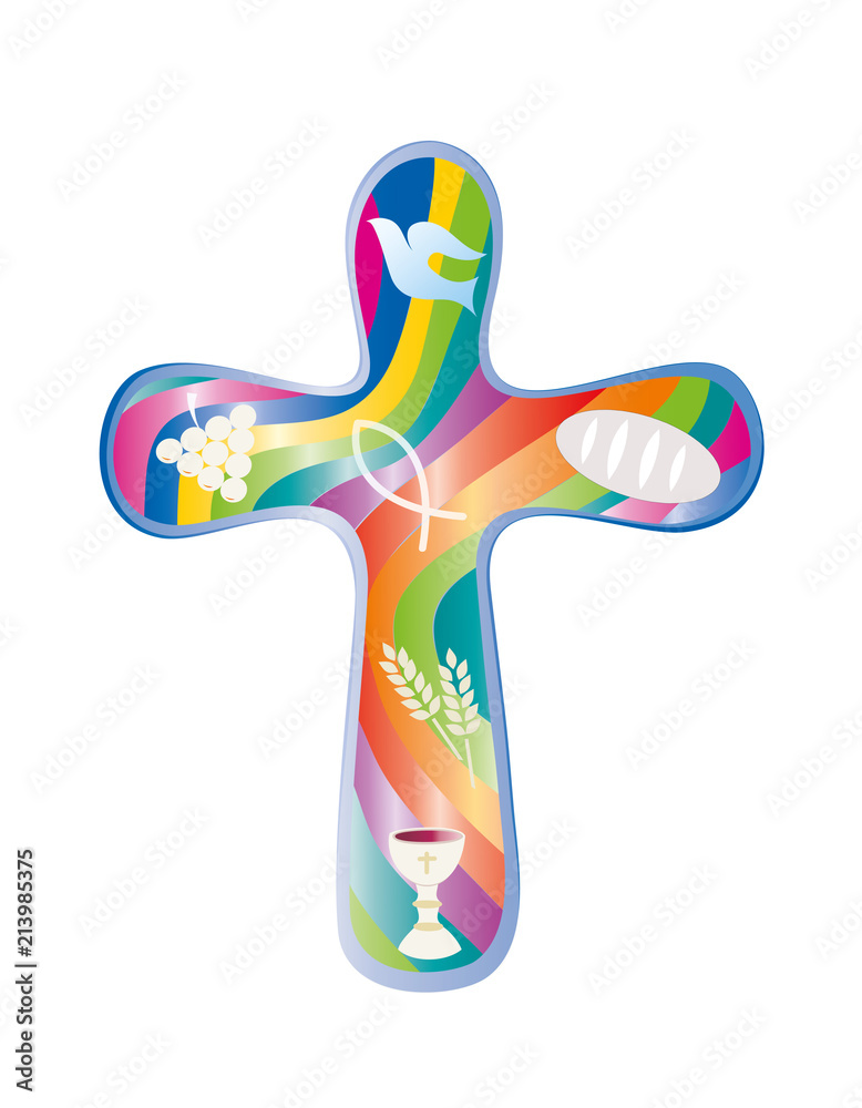 Christian cross rounded with Christian symbols on colorful rainbow ...