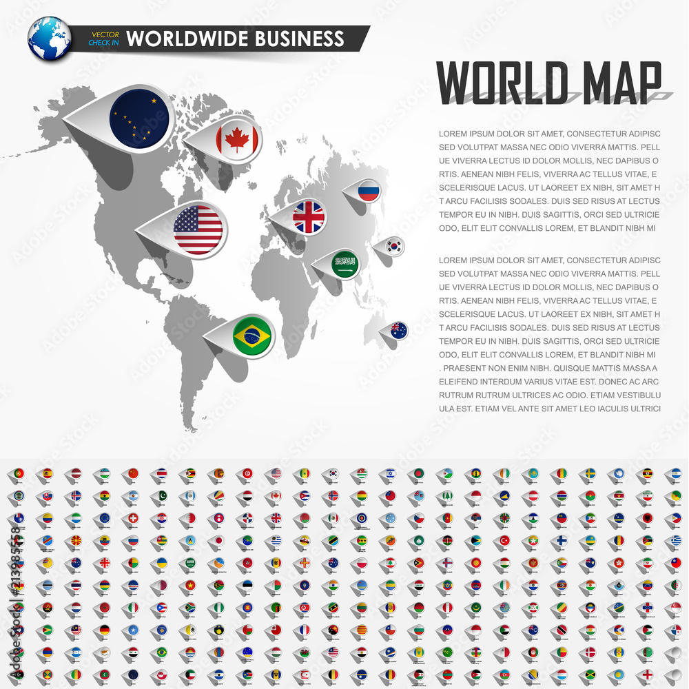 Perspective world map and GPS navigator location pin with all national ...