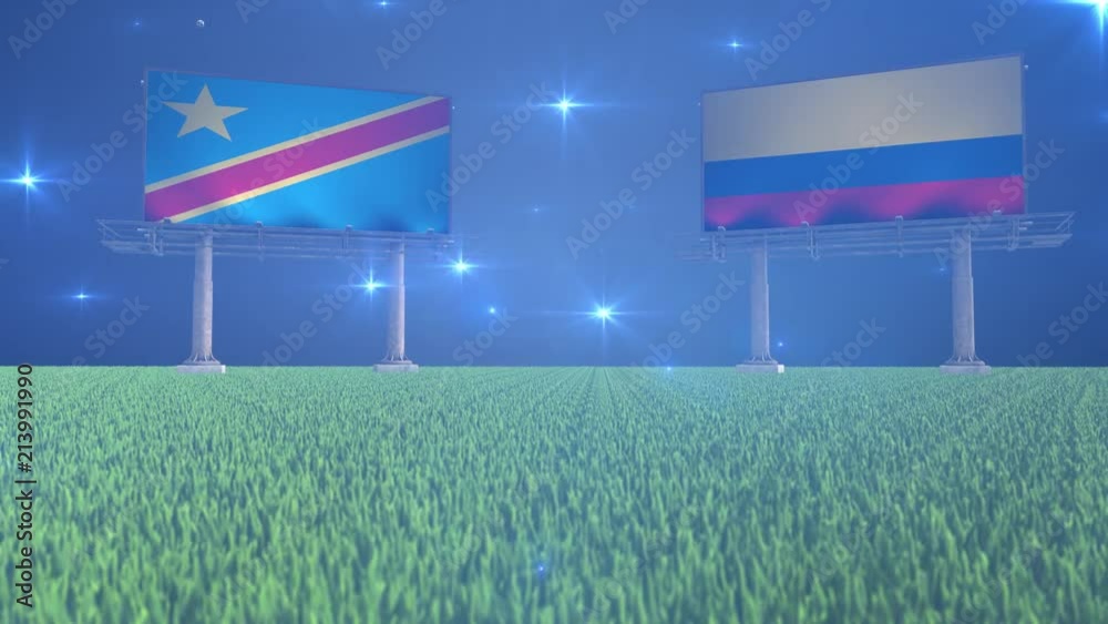 3d animated soccer ball bouncing in front of billboards with the flags ...