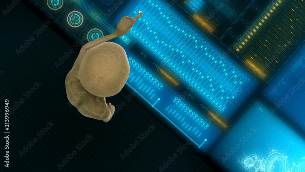 Alien presses the keys on sci-fi hologram screen. Realistic motion ...
