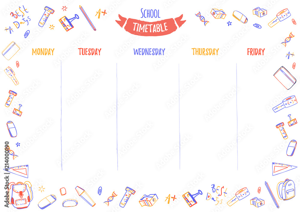 School timetable for pupils or students with 5 days of week with doodle ...