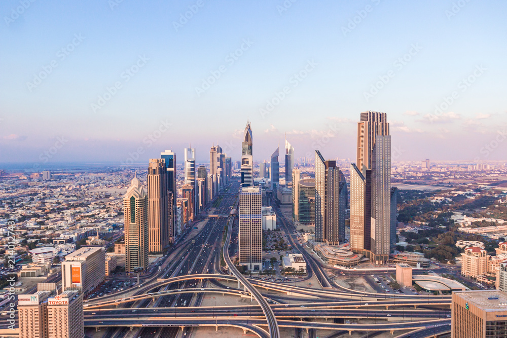 DUBAI, UAE - FEBRUARY 21, 2014. Aerial skyline view on Dubai main ...