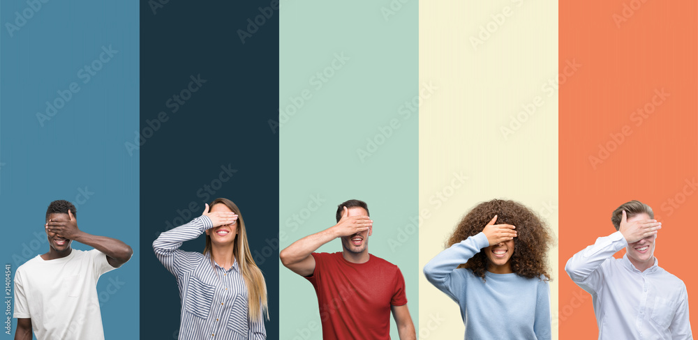 Group of people over vintage colors background smiling and laughing ...