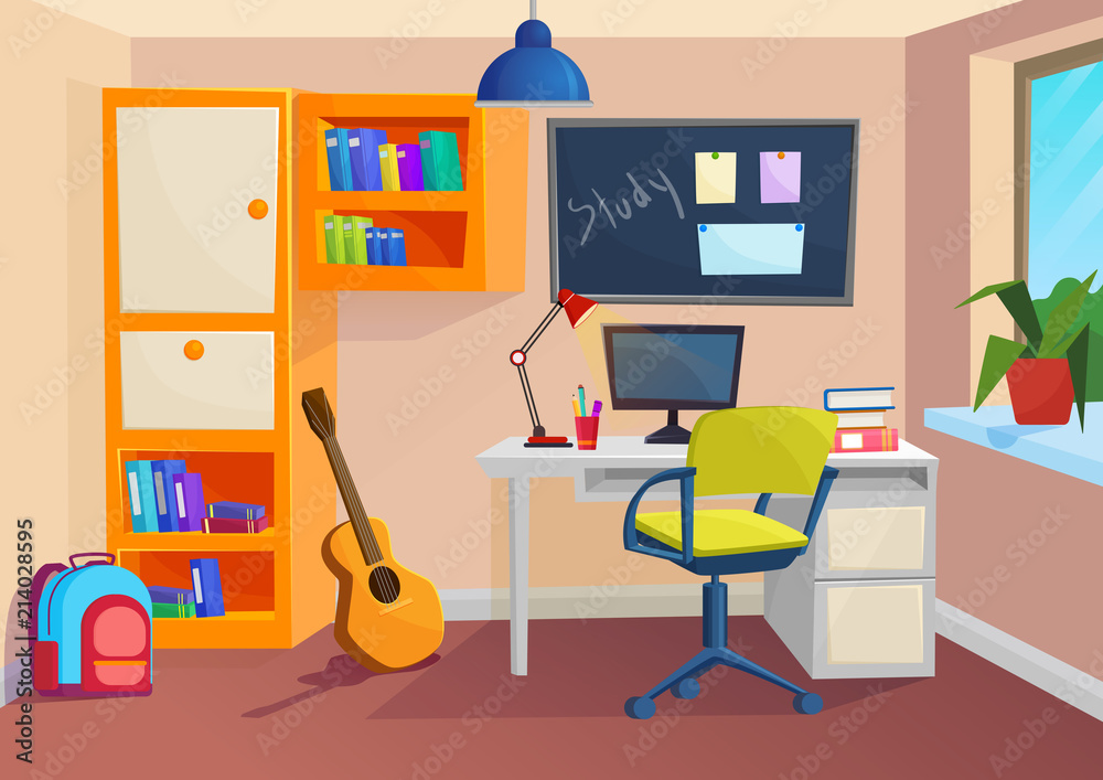 Student or pupil room. Workplace in room. Vector cartoon volumetric ...