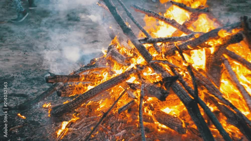 Big Campfire from Branches Burn at Night in the Forest. Large Fire ...