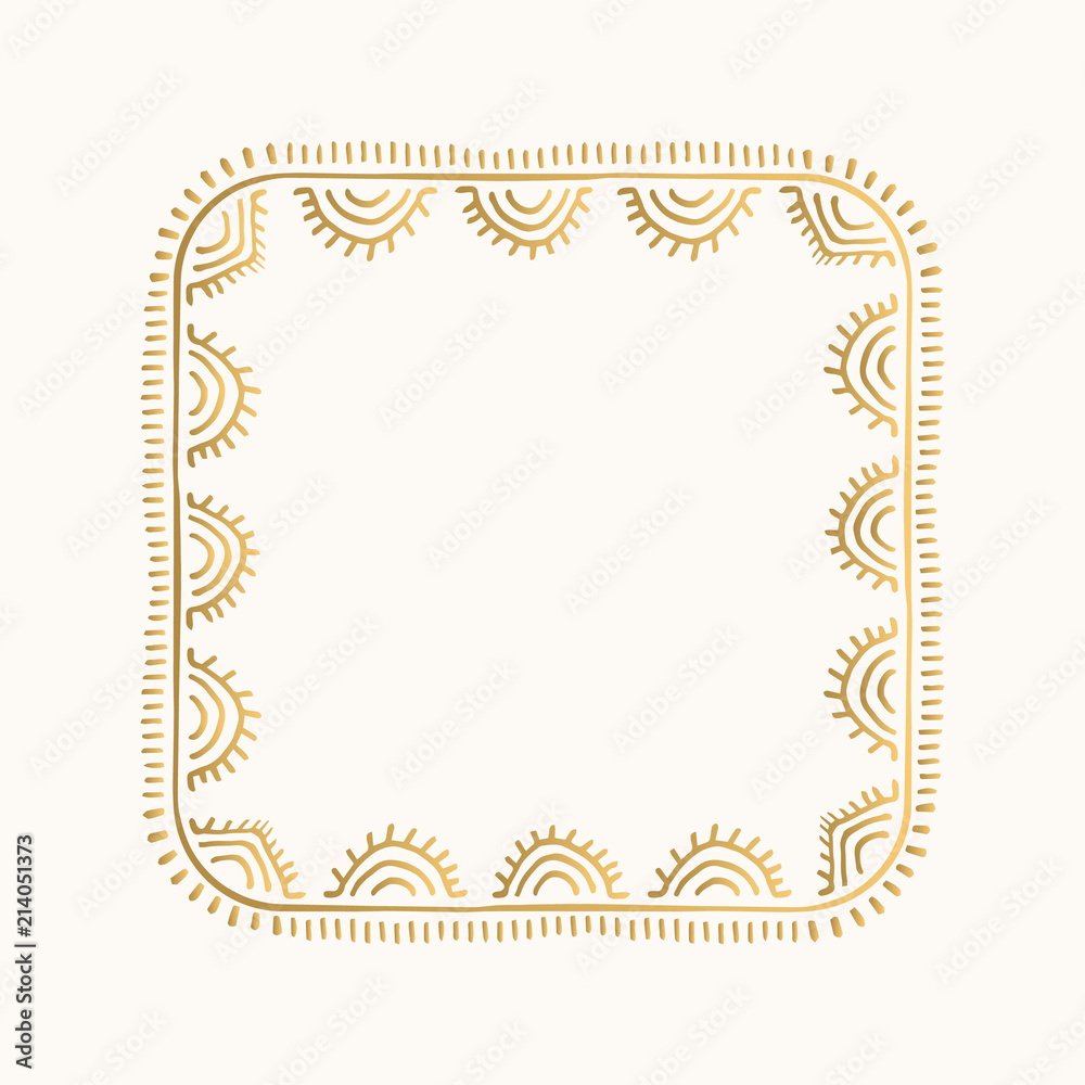 Golden vector frame in boho style. Hand drawn decorative border. Stock ...