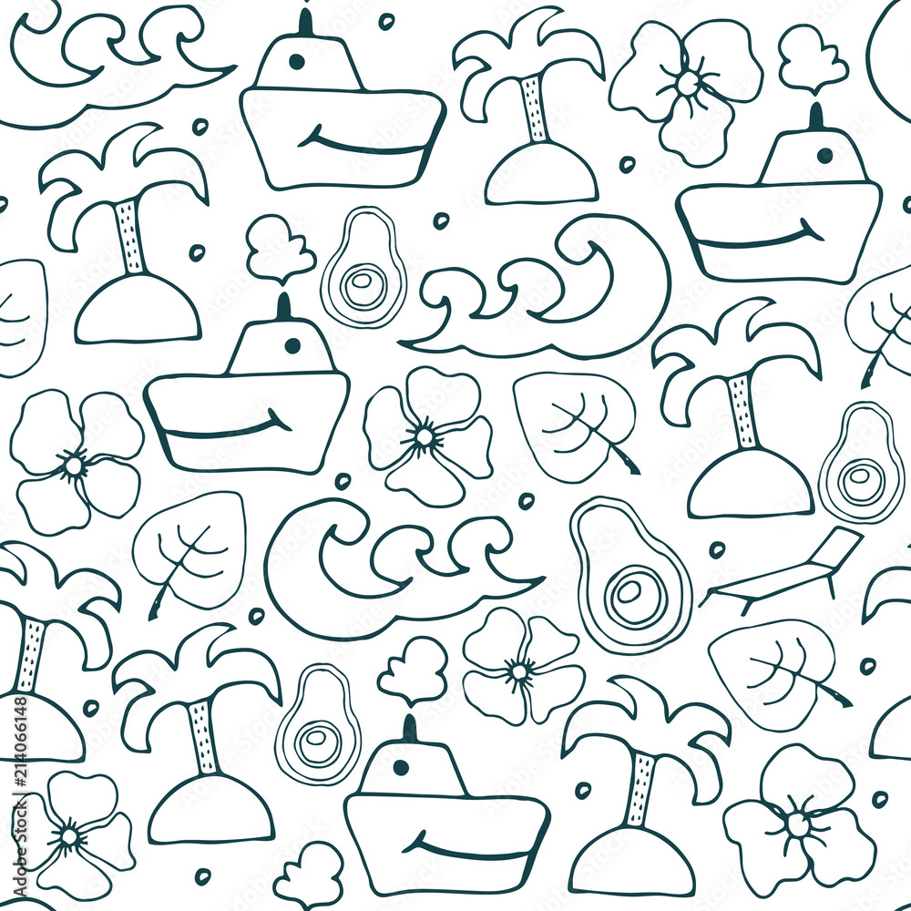 Line art pattern with tropical vacation elements. Doodle illustration ...
