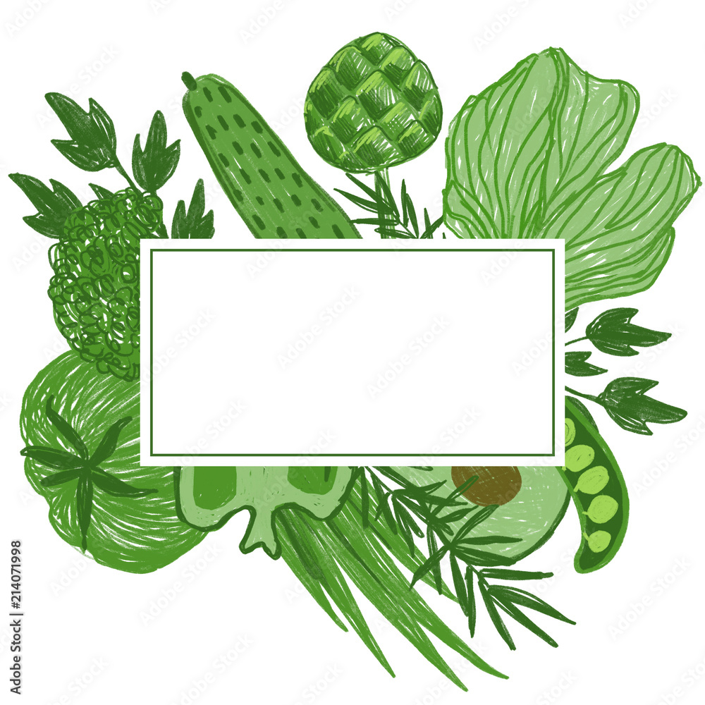 Hand drawn sketch illustration of green fruits and vegetables. Food ...