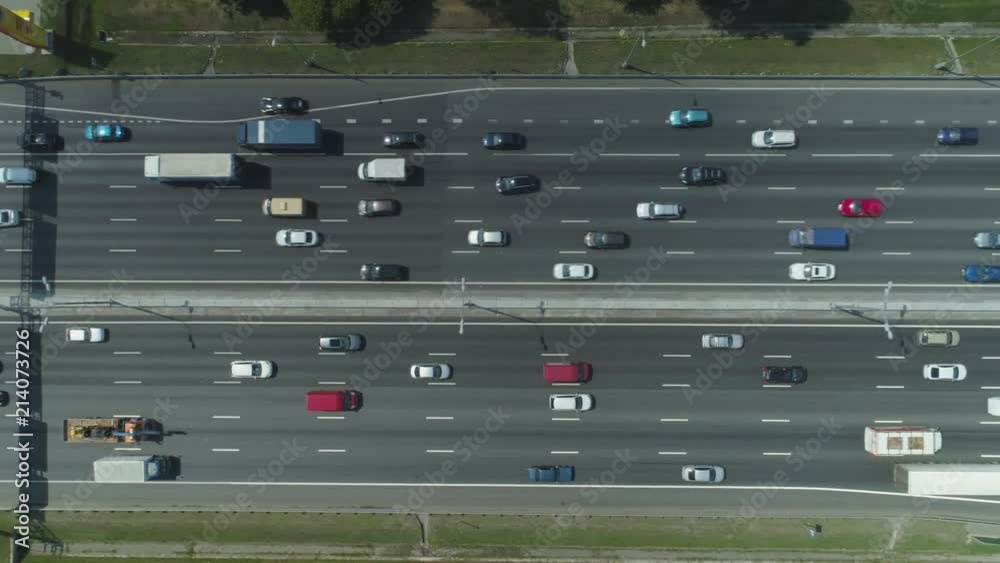 Cars on Highway in City in Sunny Summer Day. Aerial Vertical Top-Down ...