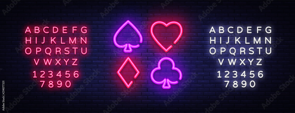 Poker Neon sign vector design template. Poker symbols neon logo, light ...