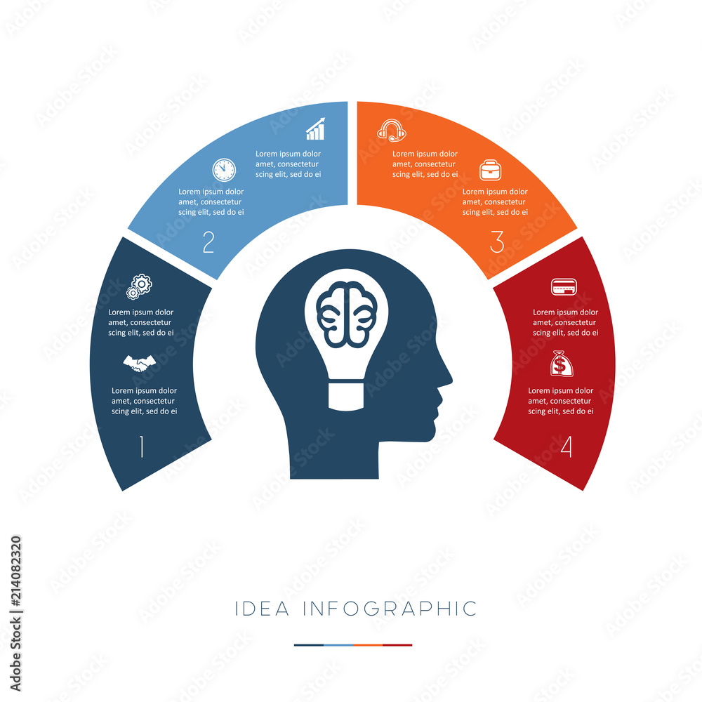 Head, lightbulb, brain. Conceptual idea infographic. Vector template 4 ...