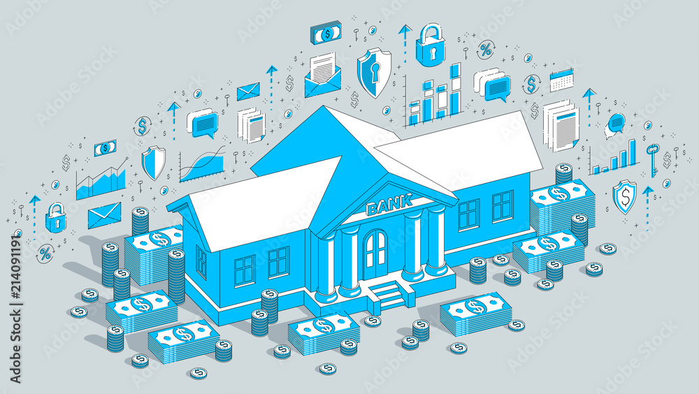 Banking theme cartoon, bank building with dollars and coin stack ...