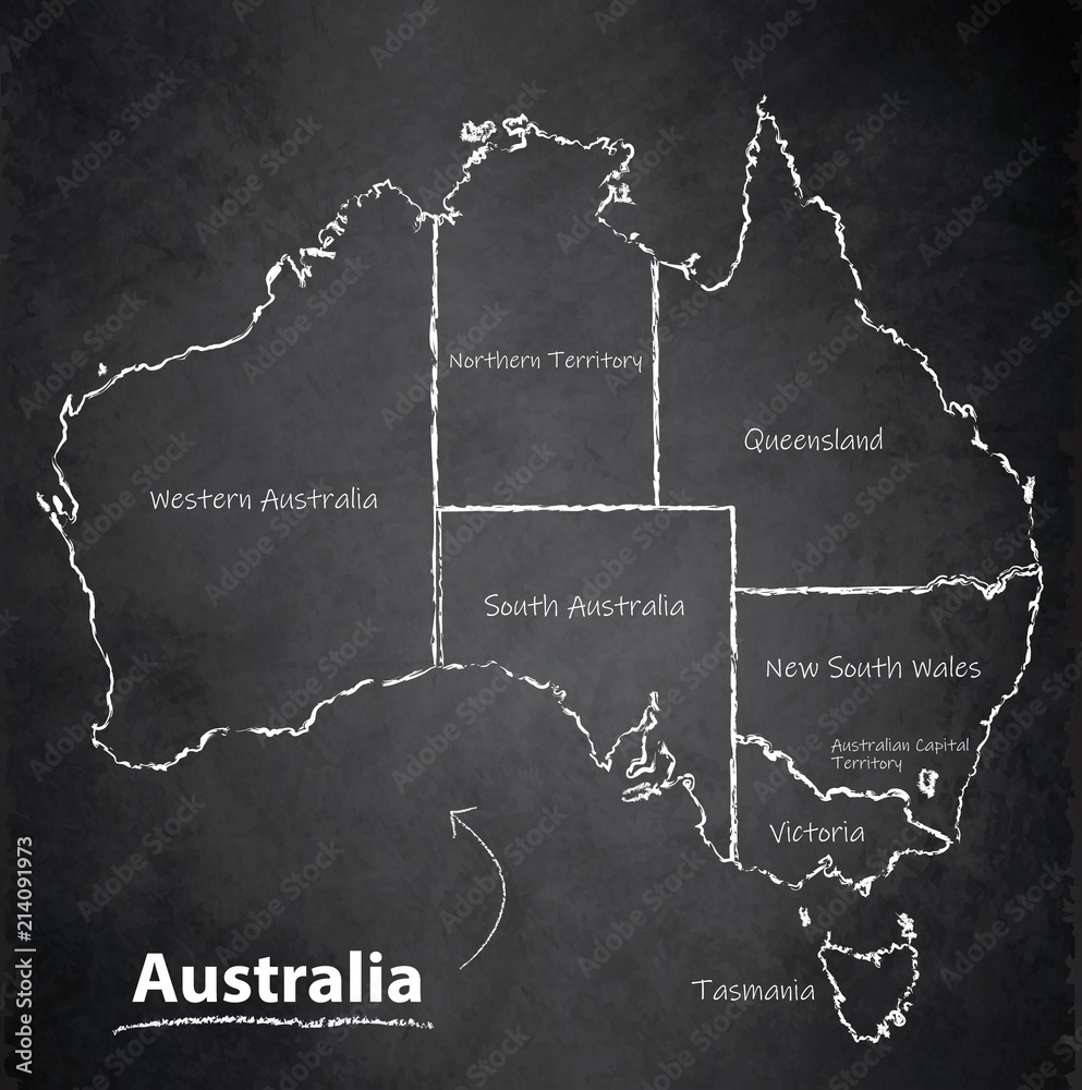 Australia map separate region individual names blackboard chalkboard ...