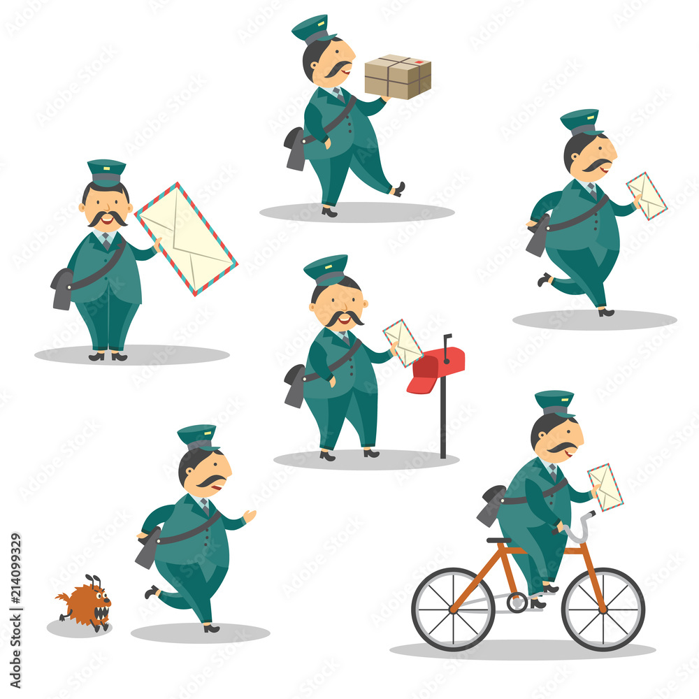 Cartoon postman cheerful character set. Delivery service worker ...