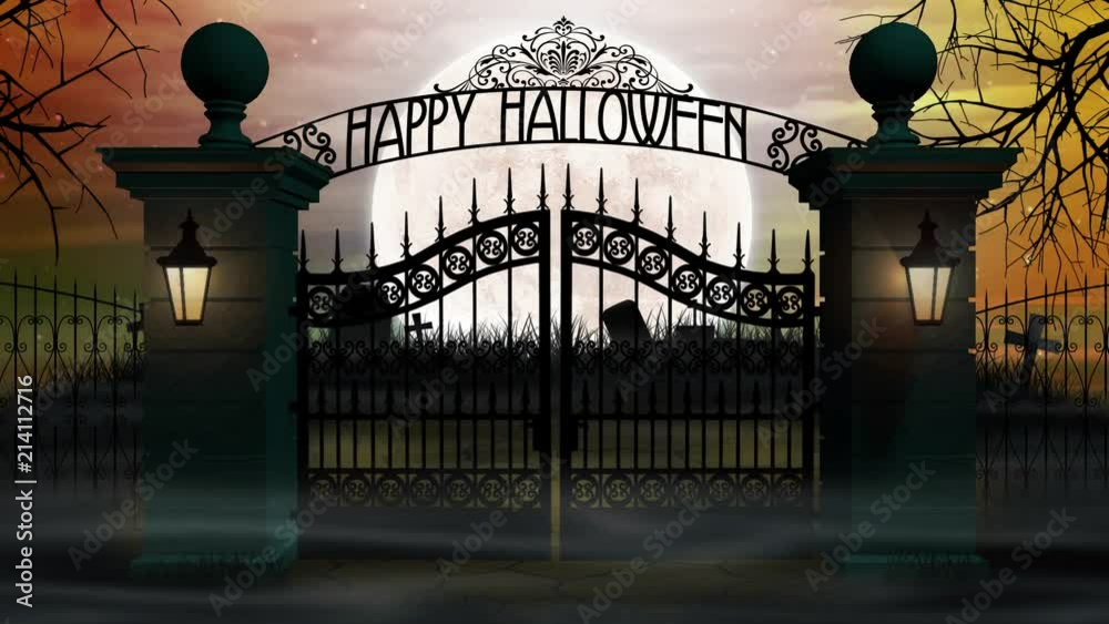 Spooky Halloween Cemetery Gates Background Loop Stock Video | Adobe Stock