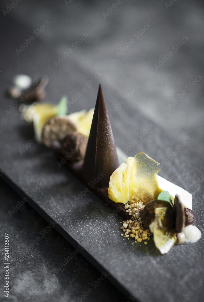 gourmet modern deconstructed chocolate cake and dried fruit dessert ...