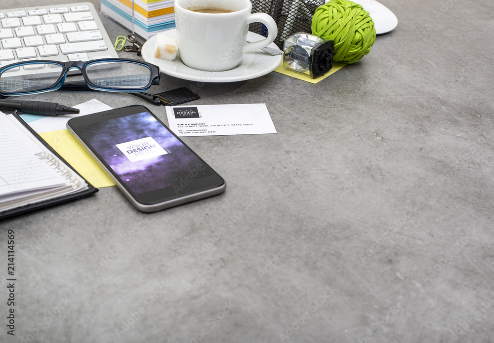 Smartphone on a Messy Desk Mockup Stock Template | Adobe Stock