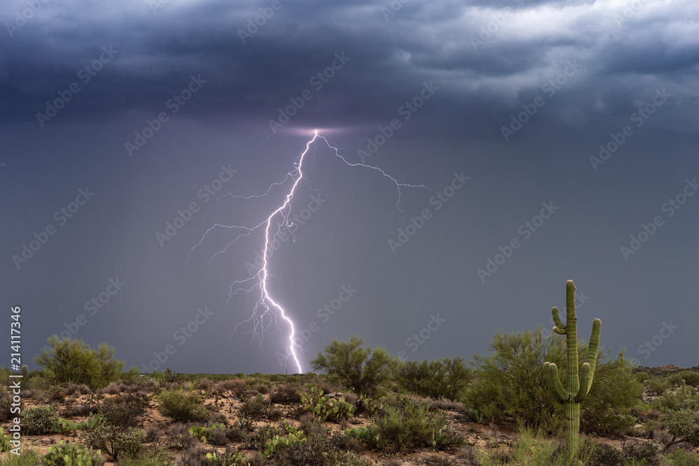 Lightning bolt strikes from a monsoon thunderstorm in the Arizona ...