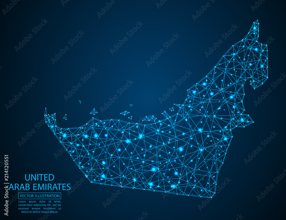 A map of United Arab Emirates consisting of 3D triangles, lines, points ...