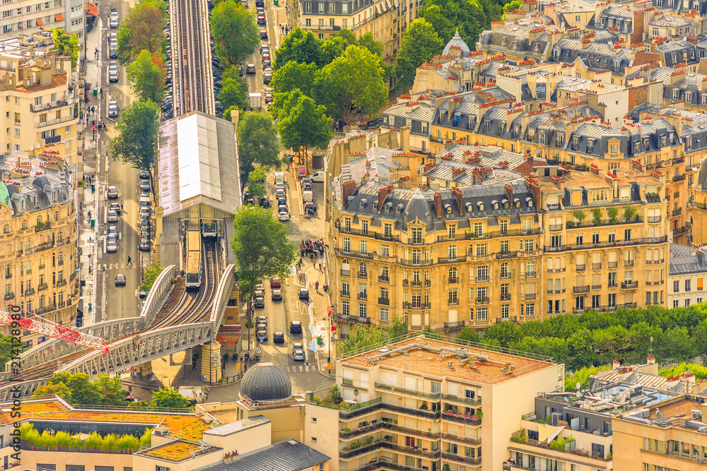 Two trains meet M6 line of Paris metro at station of Cambronne. The ...