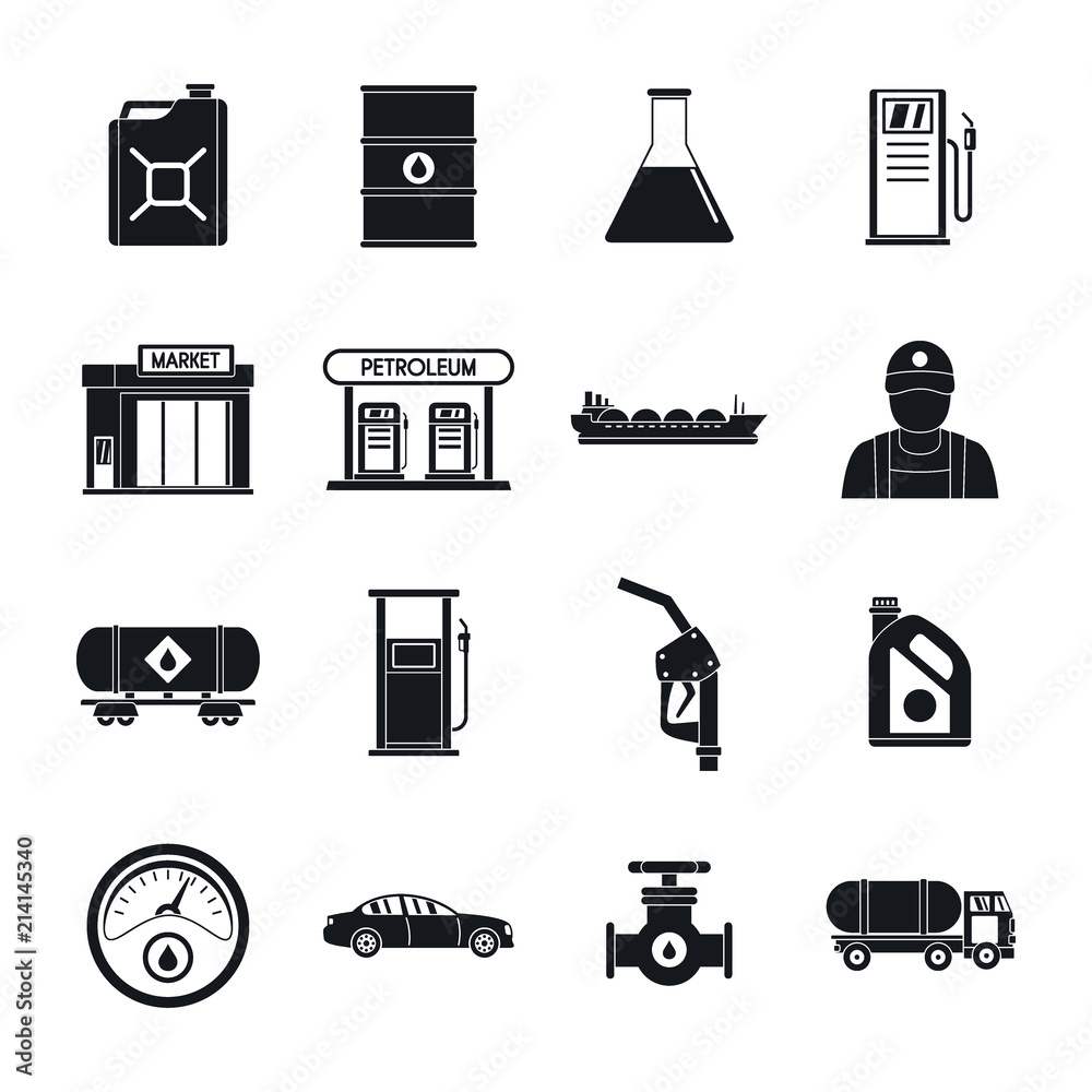 Petrol station gas fuel shop icons set. Simple illustration of 16 ...