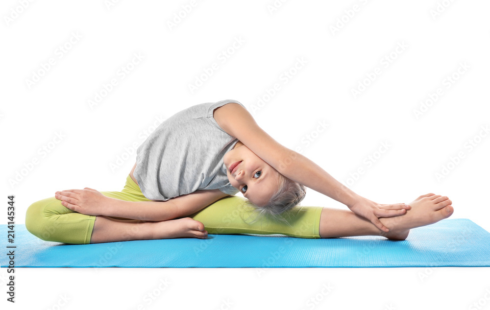 Little girl practicing yoga on white background Stock Photo | Adobe Stock