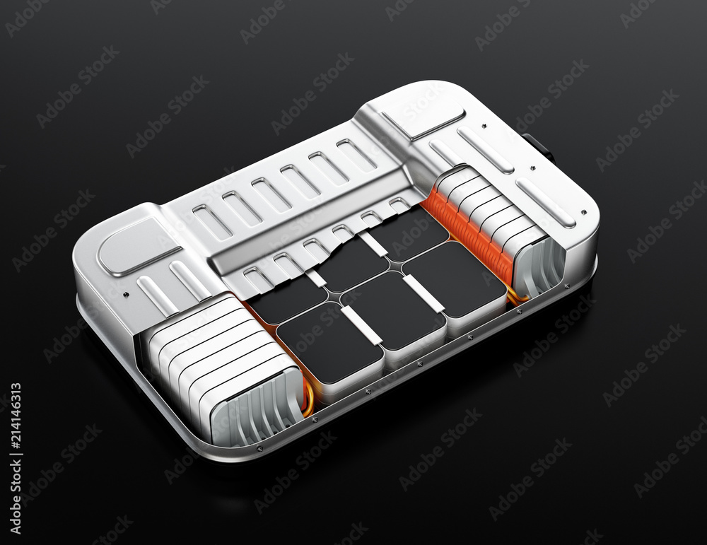 Cutaway view of electric vehicle battery pack on black background. 3D ...