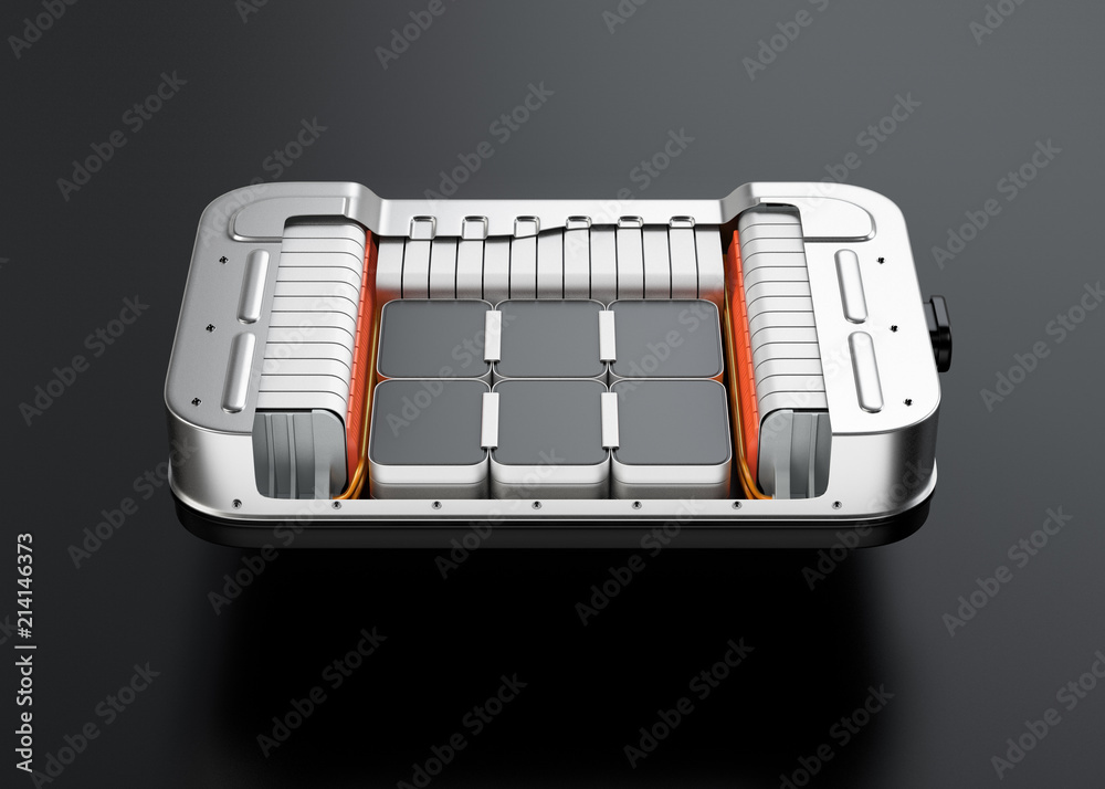 Cutaway view of electric vehicle battery pack on black background. 3D ...