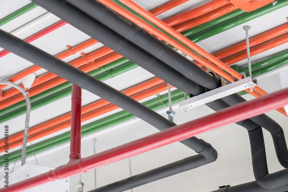 Colorful electrical Conduits Pipe system installed on the ceiling Stock ...