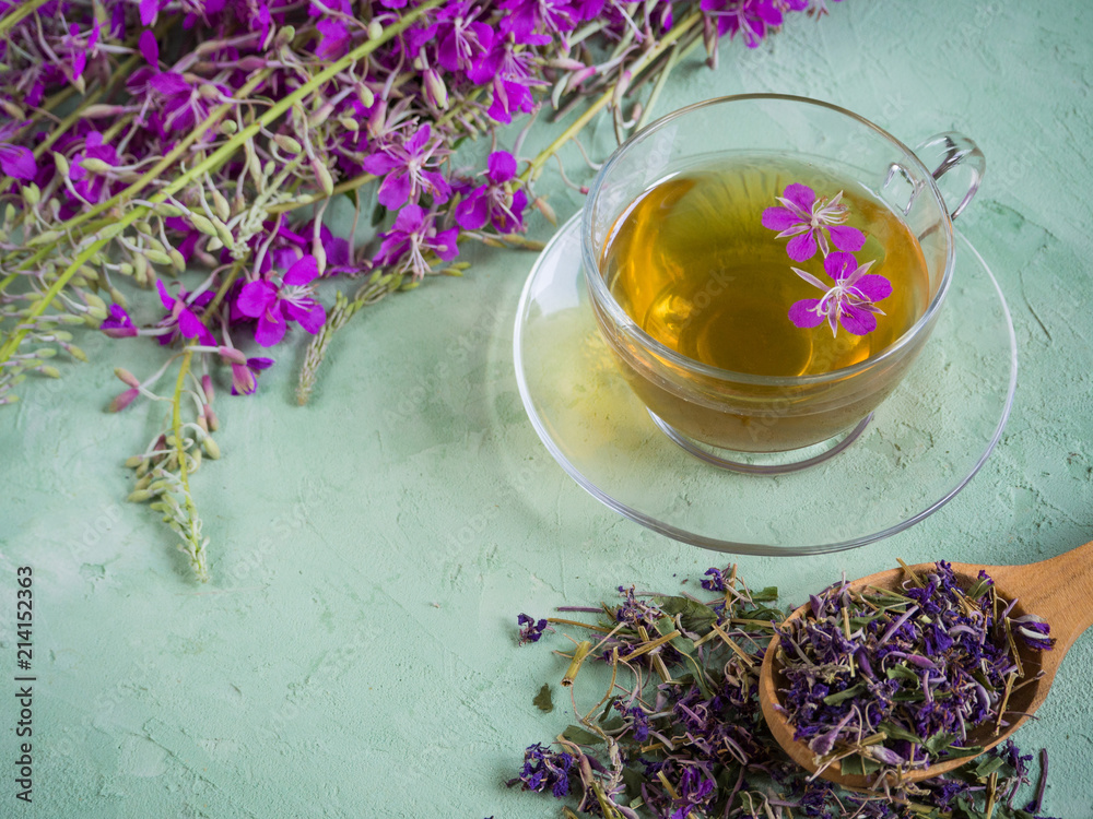 Traditional Russian herbal drink Ivan-tea in a transparent cup. Stock ...