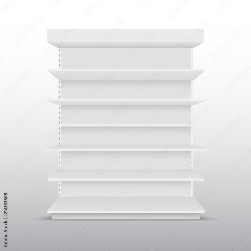 Blank empty showcases display with retail shelves. Front view. Vector ...