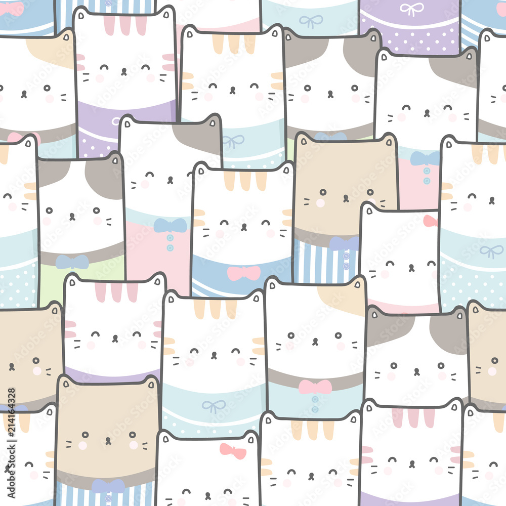 Cute adorable pastel cat kitten cartoon doodle seamless pattern ...